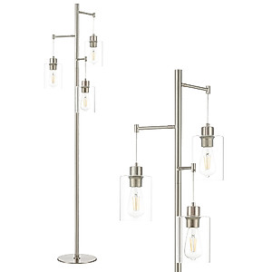 VONLUCE 3-Head Floor Lamp Modern, Vintage Floor Lamp Industrial for Living Room Reading, Mid-Century Standing Floor Lamp Multi-Light for Bedroom Office w/ 3 Edison Bulbs and Clear Glass Lamp Shades