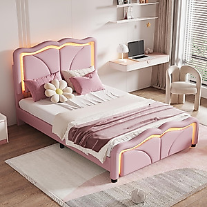 SOFTSEA Twin Size Upholstered Platform Bed, Platform Bed with LED Light Strips and Curve Shaped Adjustable Headboard, Wood Bed Frame for Bedroom, No Box Spring Needed, Pink