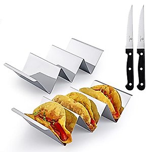 Taco Holder Stands Set of 4 – 2PCS Stainless Steel Taco rack tray and 2PCS Steak Knives – Perfect Combination for Taco Tuesday & Taco Bar - Dishwasher & Microwave Safe