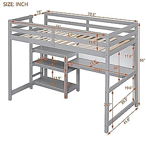 Epinki Twin Size Wooden Loft Bed with Shelves, Desk and Writing Board - Gray, Kids Bed, No Box Spring Needed, Easy Assembly