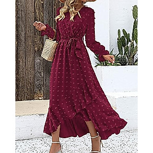 BTFBM Women's Boho Wrap Maxi Dress Summer Fall V Neck Swiss Dot Long Sleeve Flowy Slit Wedding Party Cocktail Dresses(Swiss Dot Wine Red, Small)
