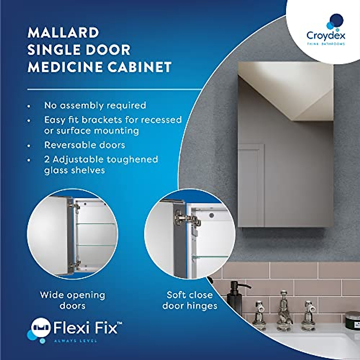 Croydex Mallard Single Door, Recessed or Surface Mount, Hang 'n' Lock Easy Installation Medicine Cabinet, 15W x 26H, Aluminum