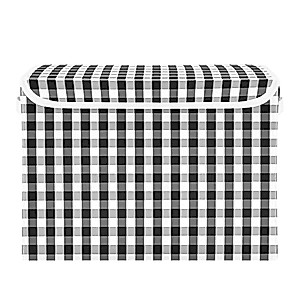 Kigai White Black Plaid Collapsible Storage Box, Oxford cloth Storage Bin with Flip Lids and Hadle, Stackable Storage Organizer for Bedroom Closet Living Room, 16.5"x12.6"x11.8"