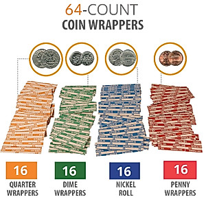 Coin Counter and Sorters Money Tray – Bundled with 64 Coin Roll Wrappers – 6 Storage Compartment Change Organizer and Holder - Ideal Coin Dispenser for Bank Tellers Business or Home Use