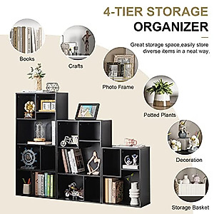 VECELO Wide 8-Cube Wood Organizer Bookcase Sets, Fits Tallest Hardcovers, 3-Tier Customized Storage Display Shelf, Free Standing for Living Room, Bedroom, Kids Room, Office, Black