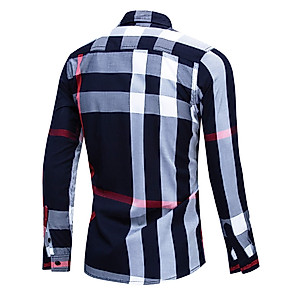 Men's Long Sleeve Slim-Fit Lightweight Plaid Cotton Shirt (199, Royal Blue, Large+)