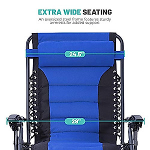 LAJOSON Oversized XL Padded Zero Gravity Chair, Patio Adjustable Recliner with Cup Holder for Indoor Outdoor Beach Backyard, Support 350 LBS (Blue)