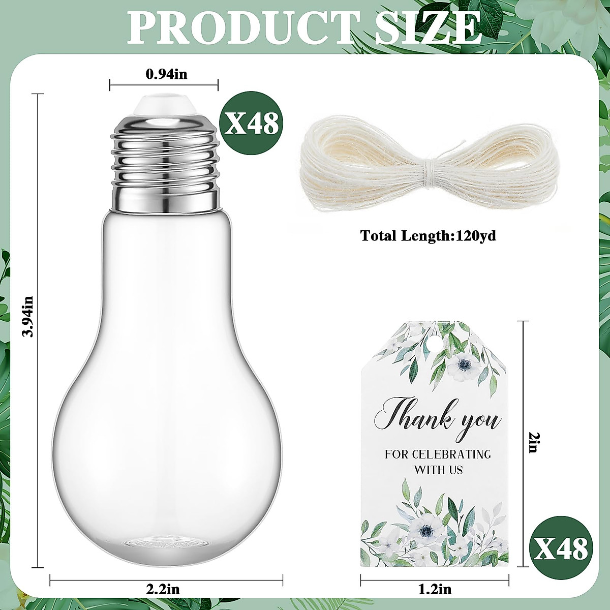 Tessco 48 Sets 100 ml Plastic Light Bulb Jars Clear Candy Containers for Party Favors with Labels and Strings Fillable Lightbulb Jar Ornaments for Wedding Party Drink DIY Crafts, Silver