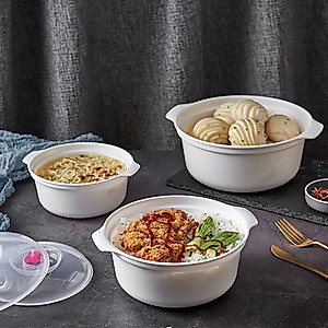 DEARMAMY Microwavable Bowls 3pcs Microwave Bowl with Lid and Steam Vents Plastic Food Storage Containers Kitchen Prep Bowls Office Lunch Box Airtight Storage Bowls White Microwave Soup Bowl