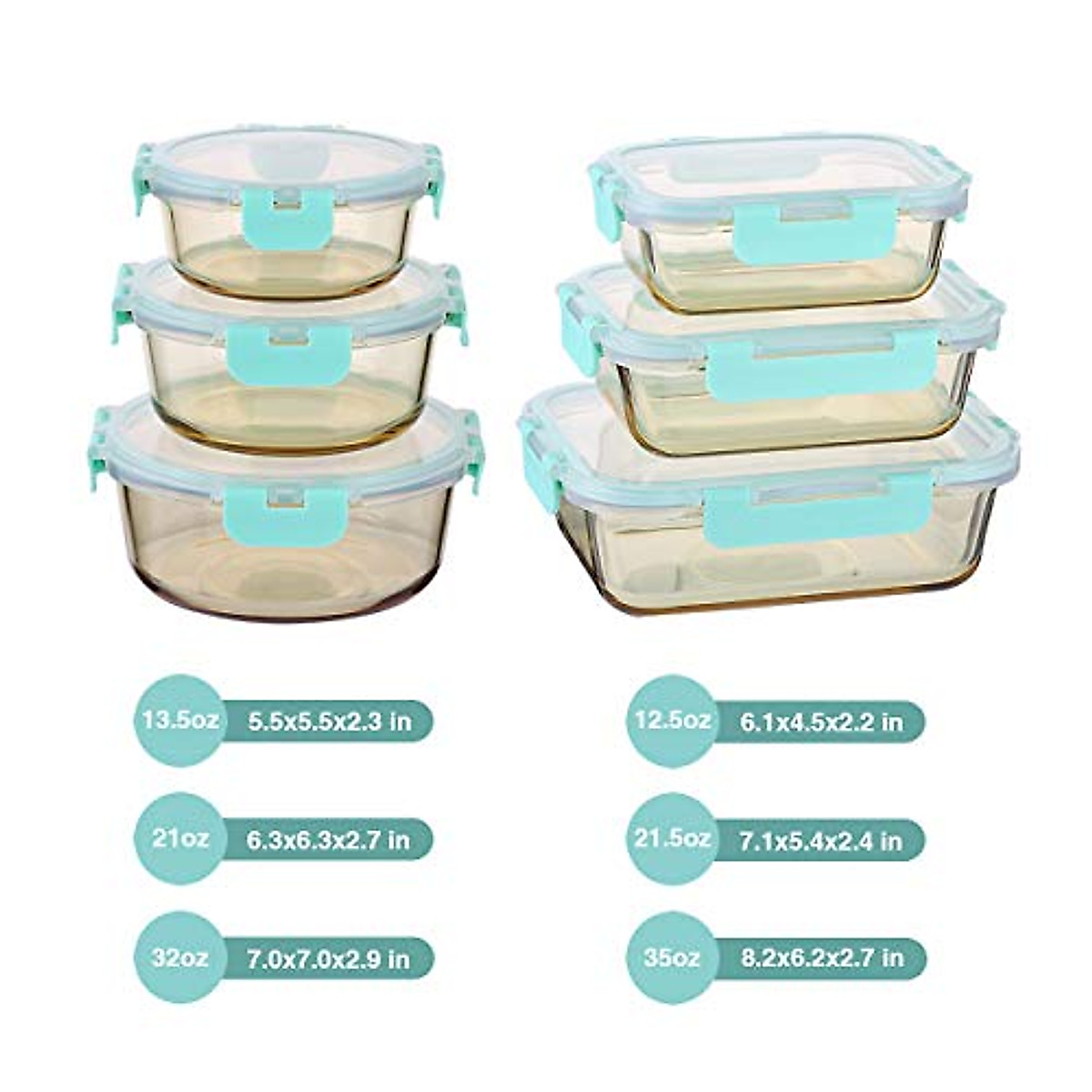 Emica Glass Food Container Set-6 Pack, Glass Amber Color Meal Prep Containers, Food Prep Containers Glass with Lids, Airtight Glass Bento Boxes (6 Containers & 6 Lids)