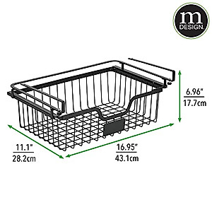 mDesign Wire Under Shelf Organizer for Cabinet - Sliding Basket for Under Cabinet Shelf - Hanging Organizer Rack for Kitchen and Pantry with Label Space - Carson Collection - 2 Pack - Matte Black