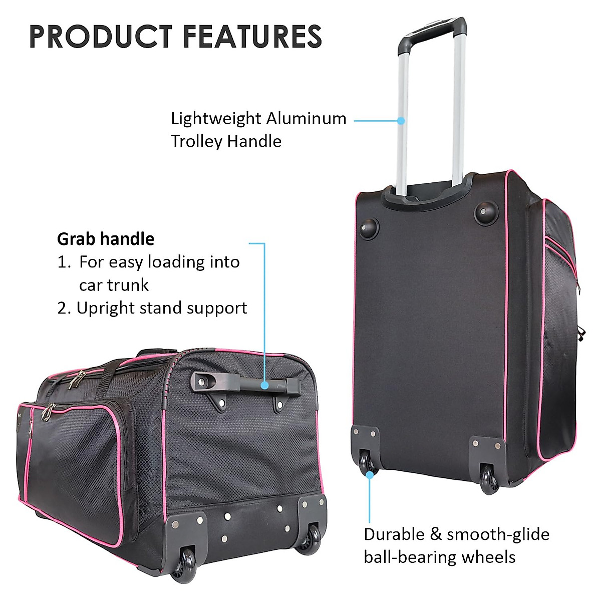 Travolution Dance Bag with Garment Rack, 24 Inch Rolling Duffel With Wheels, Ideal for Competitions & Travel, Easy-assembly Lightweight Aluminum Clothes Rack, Wheeled Upright Luggage, Black/Pink