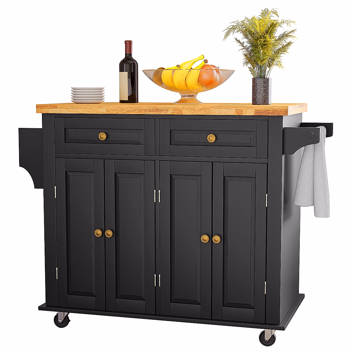 Squireewo Kitchen Cart with Rubber Wood Top Breakfast Bar, Rolling Mobile Kitchen Island Table on Wheels with Drawer and Storage Cabinet, Spice Rack, Towel Rack, Black