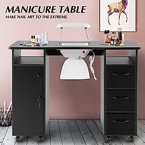 Artist hand Manicure Table, Nail Table, Nail Beauty Manicure Desk, Wrist Cushion, Lockable Wheels, Storage Drawers, Electric Downdraft Vent, White