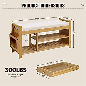 YESHOMY 2 Tier Shoe Rack Bench with Hidden Drawer and Side Holder, Bamboo Storage Organizer for Entryway Hallway Living Room, Nature