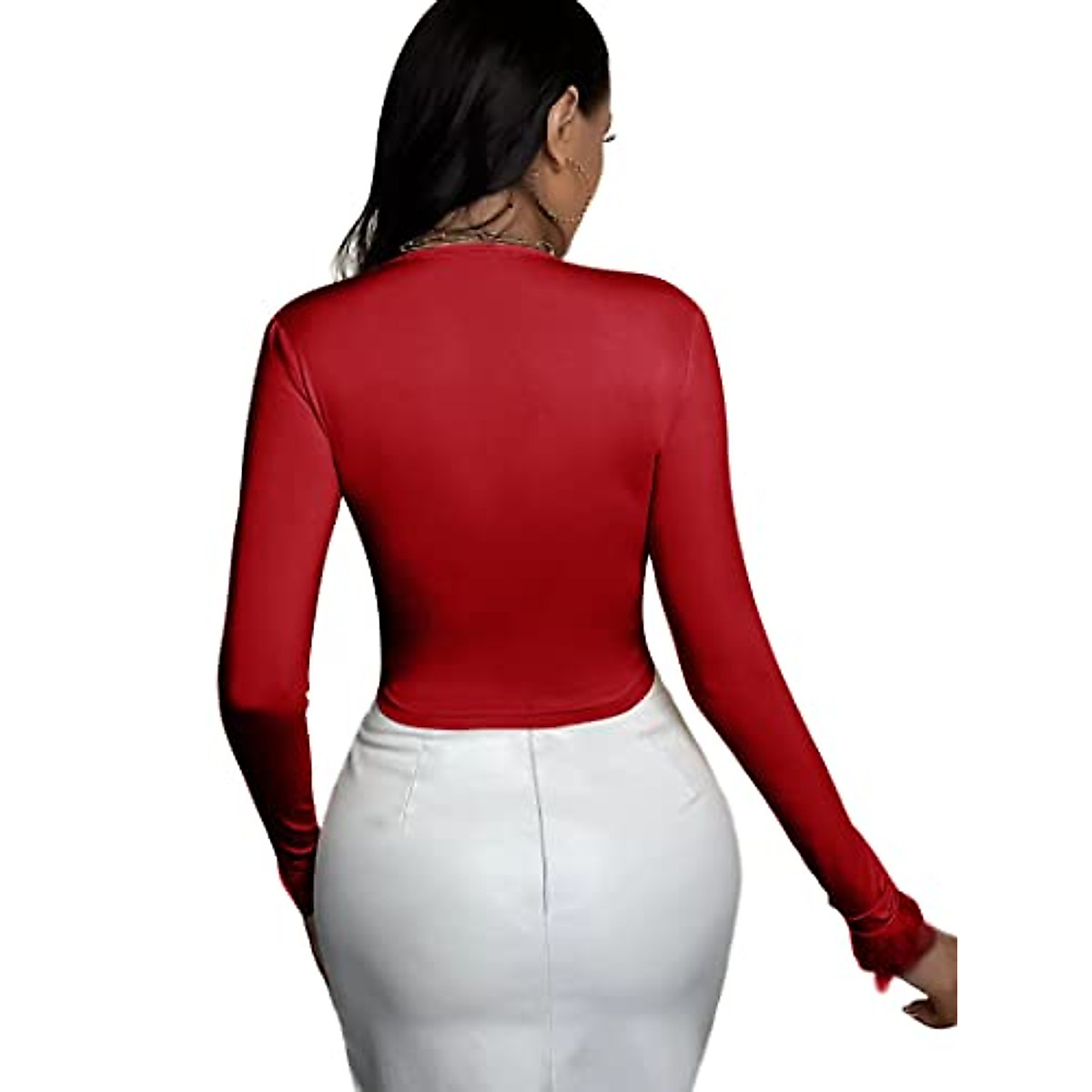 Zoyami Womens Sexy Tie Front Long Sleeve Crop Top Feather Trim V Neck Blouse Red Medium