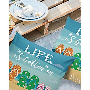 Outdoor Waterproof Pillow Covers for Patio Furniture Summer Beach Decorative Throw Pillow Cover Life Is Better in Flip Flops Pillowcases Set of 2 Cushion Case for Sofa Couch Chair Home Decor 18x18inch