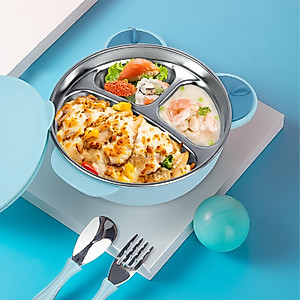 ufengke Stainless Steel Baby Feeding Bowl, Toddler Suction Plate with Lid Spoon and Fork, Perfect for Children (Blue)