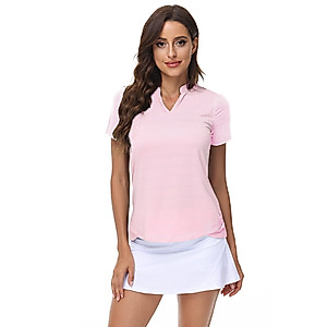 DOTIN Women's 2 Pack V-Neck Golf Polo Shirts Short Sleeve Collarless Quick Dry Sport T-Shirts Workout Tops