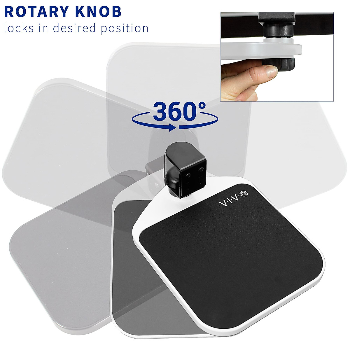 VIVO Clamp-on Mouse Pad Holder Platform, Adjustable Under Desk 360° Rotating Tray Rest Extension Attachment, up to 2 inch Desktops, White, MOUNT-MS01AW
