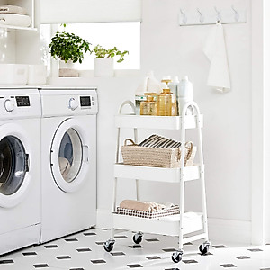 SONGMICS 3-Tier Rolling Cart, Metal Storage Cart, Kitchen Storage Trolley with 2 Brakes and Handles, Utility Cart, Easy Assembly, for Painting Utensils Bedroom Laundry Room, White UBSC068W01