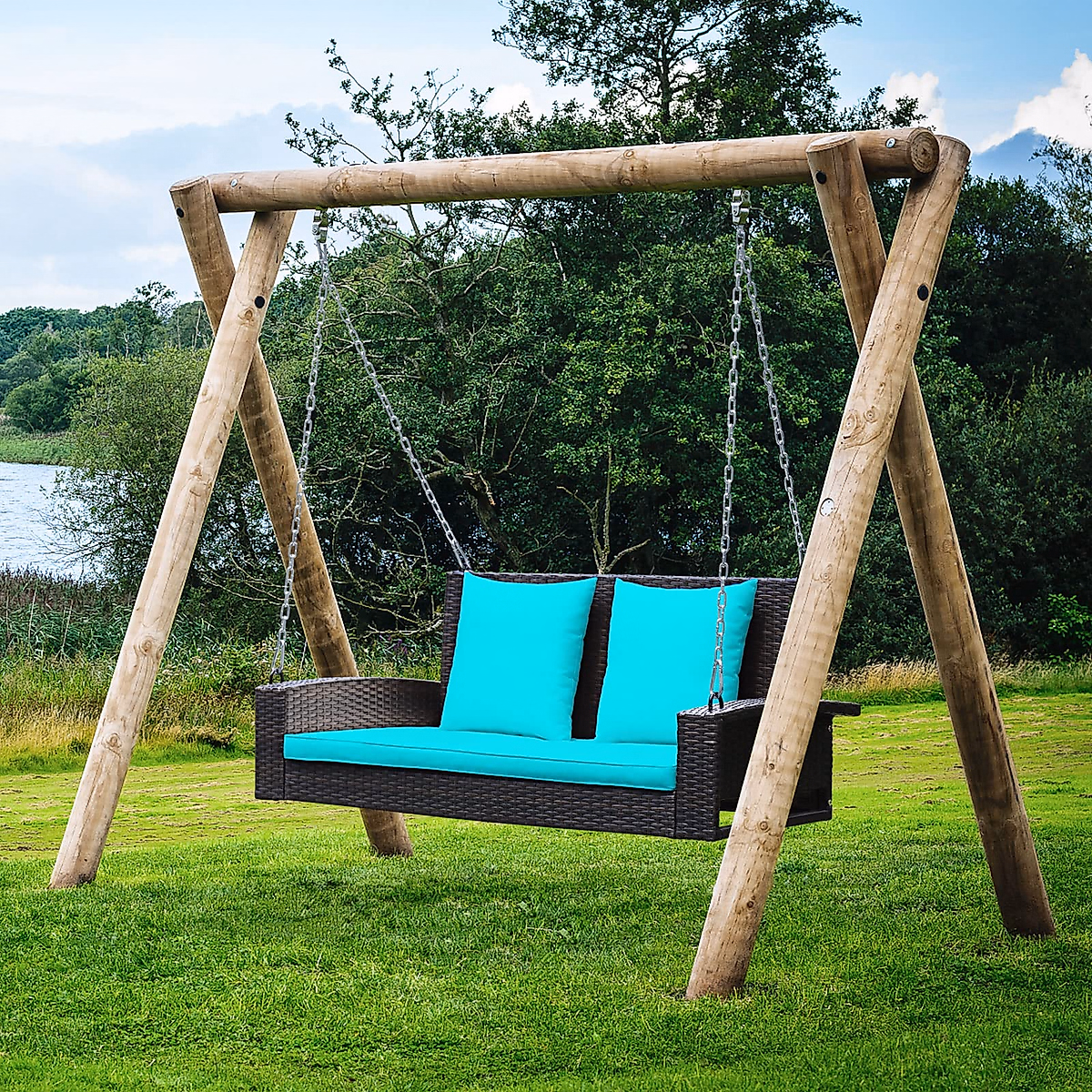 Tangkula 2-Person Wicker Hanging Porch Swing, Patiojoy Outdoor Rattan Swing Bench W/ 2 Back Cushions & 1 Seat Cushion, Sturdy Steel Chain, 800lbs Weight Capacity, Suitable for Deck, Backyard, Garden