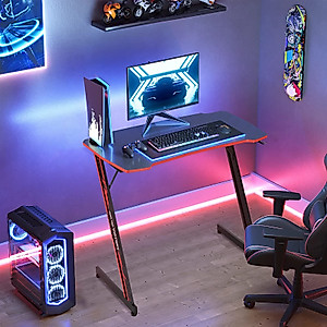 YYkokocat Small Gaming Desk 35 Inch PC Computer Desk with Headphone Hook Z Shaped Home Office Table Gamer Workstation for Small Spaces Gamer Desk Carbon Fiber Texture, Black Red