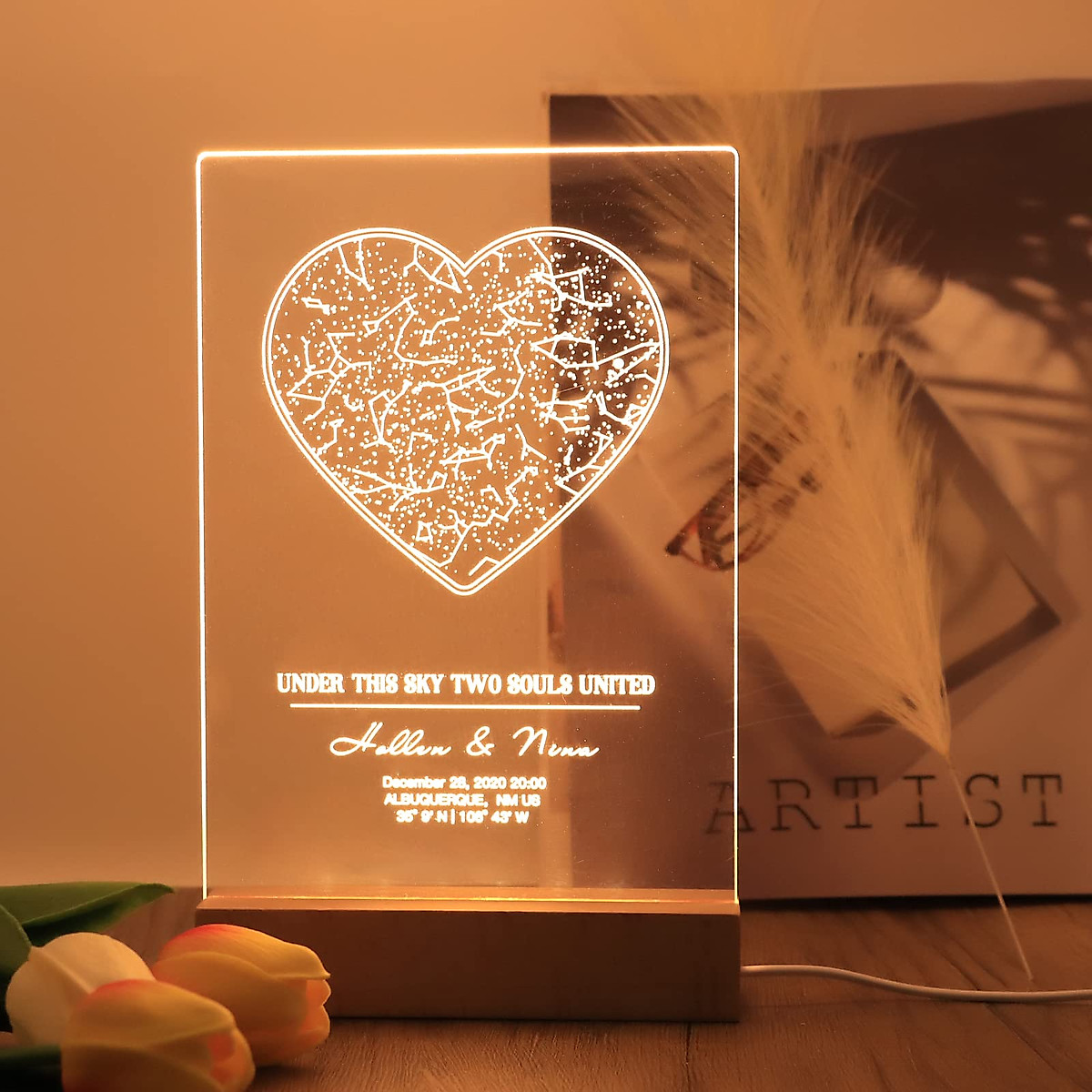 ALBK Custom Star Map - Personalized Star Constellation Map with Light Art Print Acrylic Plaque Led Gift for Special Date Couples Anniversary Engagement Birthday Heart Shape