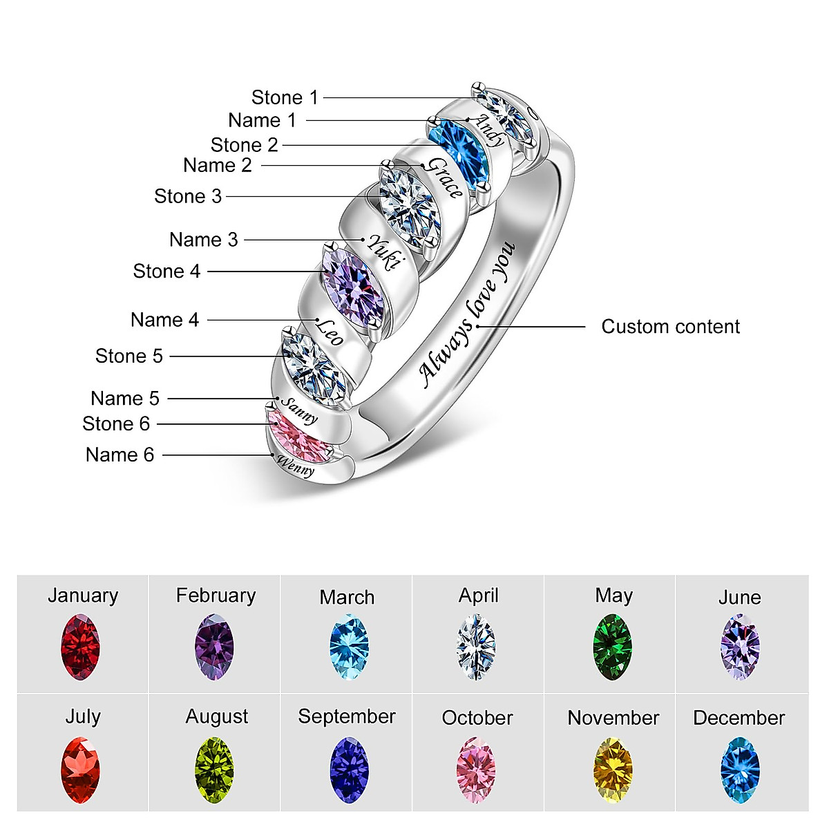 BAUMA AUTO Personalized 1-6 Birthstone Rings Family Mothers Ring Custom Engraved Name Rings for Women Grandma Mom Daughter (6 Stones)
