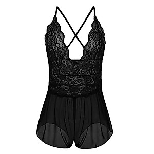 Aniywn Women One Piece Lingerie Deep V Teddy Sexy Lace Bodysuit Onesie Lingerie Sexy Solid Lace Camis Romper Pajamas Black