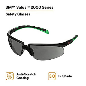 3M Safety Glasses, Solus 2000 Series, Anti-Scratch, IR Shade 3.0 Gray Lens, Black/Green Temples