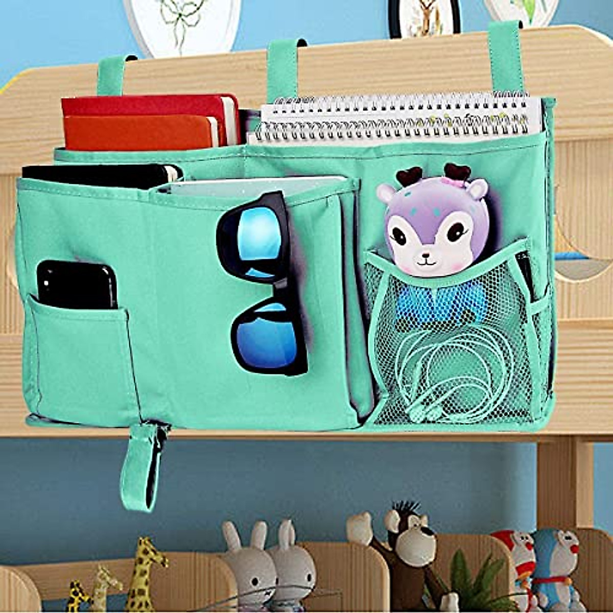 FUNYU Bedside Storage Caddy, Hanging Storage Organizer Bag with 8 Pockets for Bunk Dorm Rooms, Hospital Bed Rails, Baby Bed, Camp (Green)
