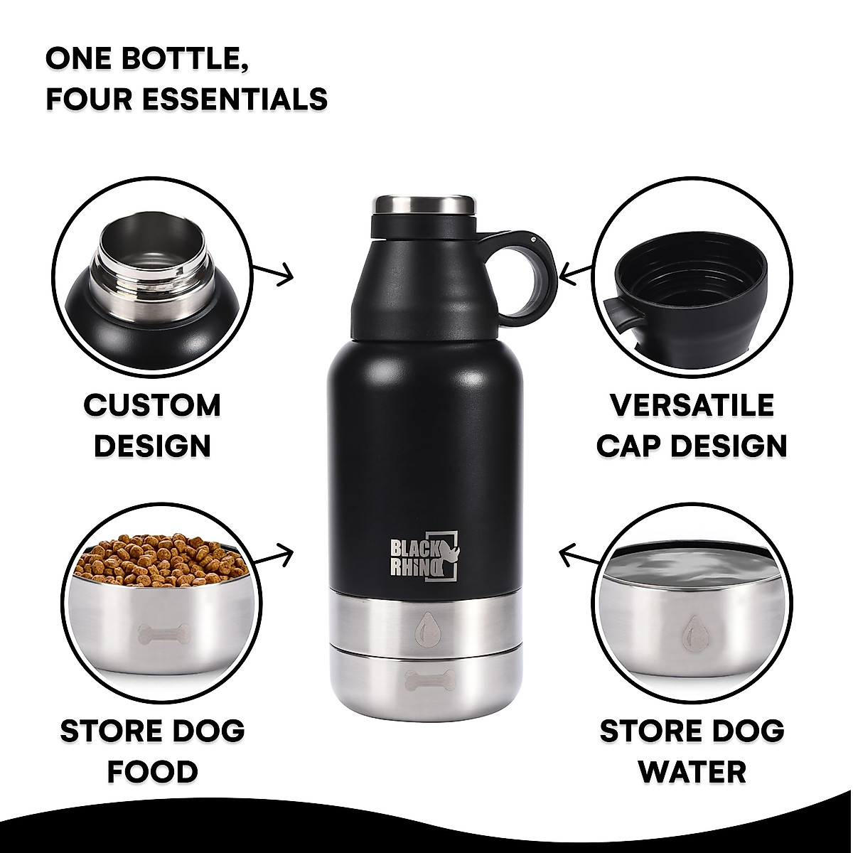 Black Rhino 32oz Multi-Functional Dog Water Bottle & Detachable Bowls - Black | Portable Travel Hydration Solution for Hiking, Camping, Outdoors | Leakproof, Durable & Convenient for Pet Owners