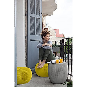 Keter Urban Knit Pouf Ottoman Set of 2 with Storage Table for Patio and Room Décor-Perfect for Balcony, Deck, and Outdoor Seating, Yellow & Gray