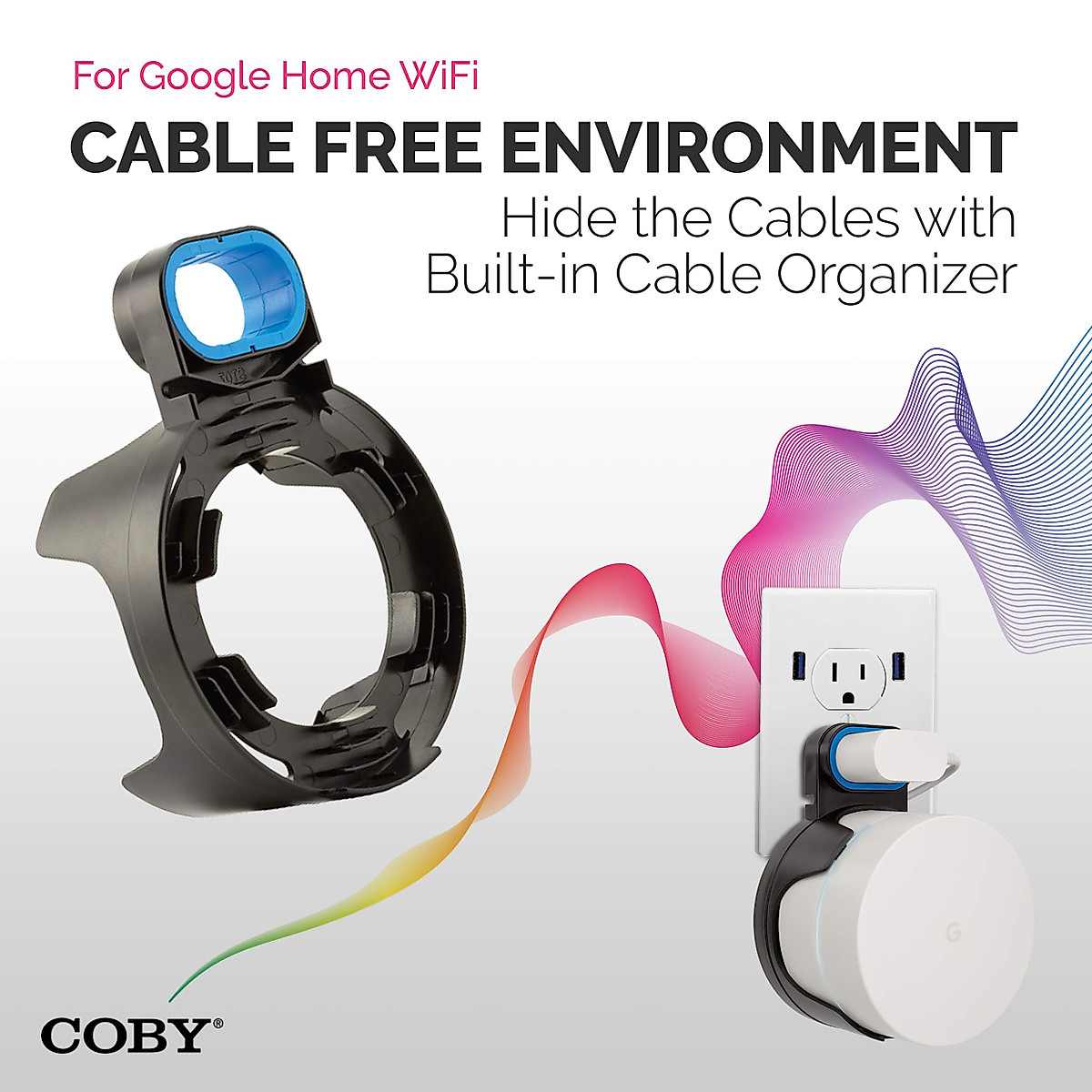 Coby WiFi Wall Mount Holder Compatible for Google Home, Black - Secures Routers to Wall Outlets, Hides Cable for Wall Cable Management - Attach, Power & Charge - Easy Install, Non-Slip Grip