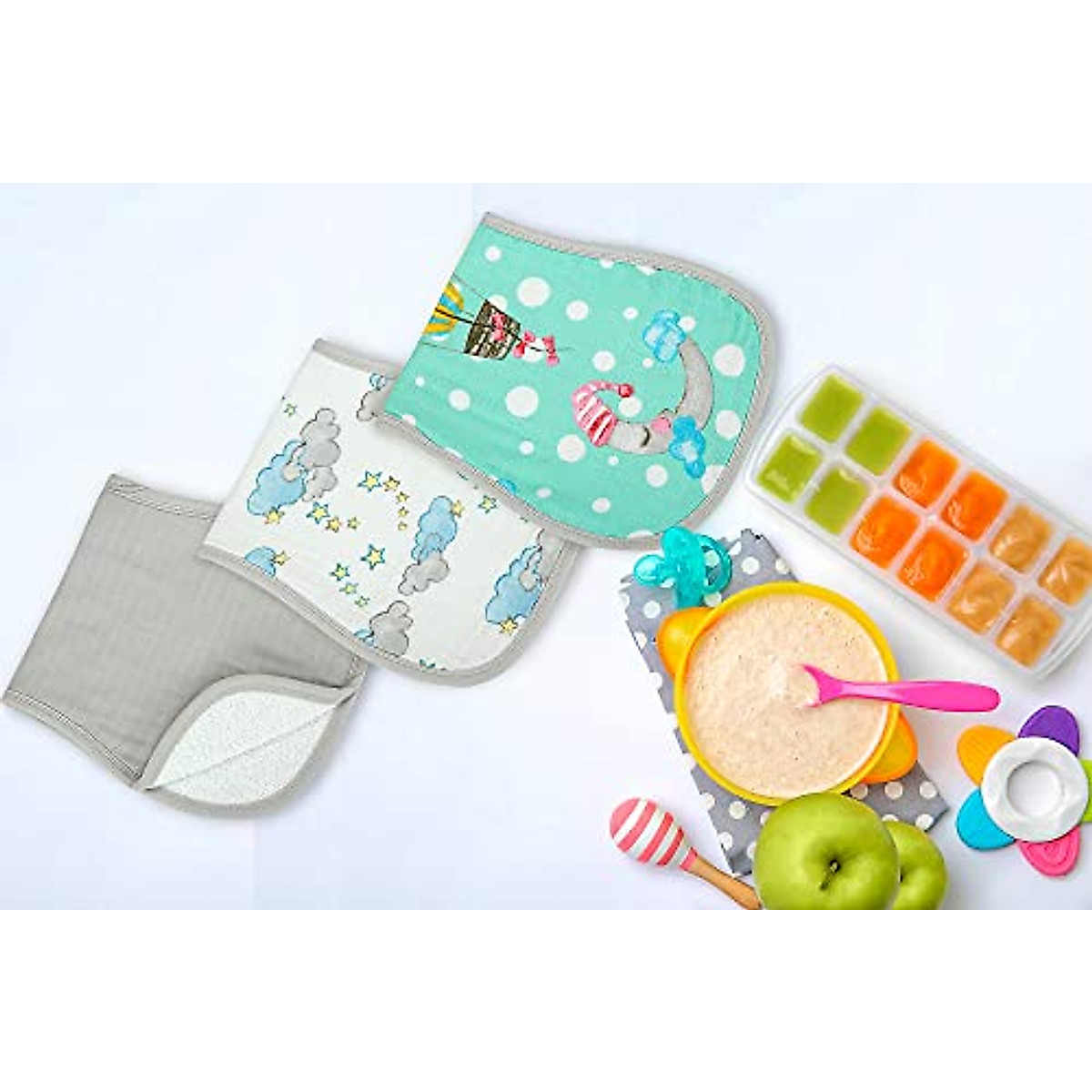 DREAMS & DIMPLES 3 Pack Muslin Burp Cloths - 1 Side Muslin, 1 Side Towel, Gender Neutral Colors, 3 Layered Muslin Burp Rags, Large Wide Shoulder, Absorbent & Soft Burping Cloths (Dream World)