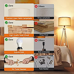 OUTON Wood Tripod Floor Lamp with Shelves, Mid Century Floor Lamp with Remote Control,4 Color Temperature, LED Modern Dimmable Standing Lamp with Beige Linen Shade for Living Room, Bedroom, Office