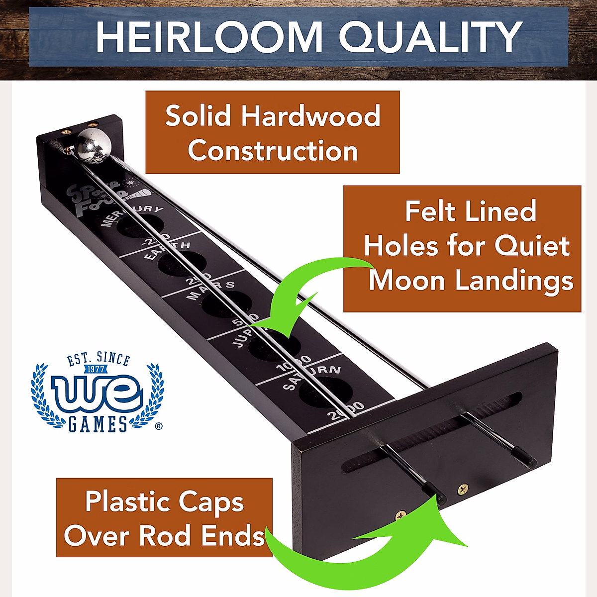 WE Games Shoot The Moon Game, Large 18 inches, Black Stained Solid Wood Board with Metal Ball and Rods, Retro Balancing Game for Family and Bar