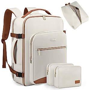 LOVEVOOK Travel Backpack for Women Men as Personal Item Flight Approved, 40L Luggage Carry On Backpack,17.3inch Large Daypack Laptop Backpack Waterproof Outdoor Sports with 3 Packing Cubes,Beige-Brown