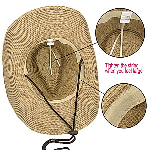 Packable Women's Straw Fedora Western Hat Outback, Beach Cowboy Cowgirl Hat, Beaded Shapeable Brim UV Protection Sun Hat Khaki