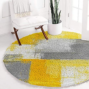 AmbeHome Round Fluffy Soft Area Rugs, Abstract Yellow and Grey Painting Circle Rug Fluffy Carpet, Shaggy Floor Mat Furry Large Rug for Living Room Bedroom Home Decor, 5ft Artwork Street Painting