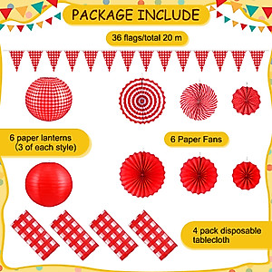 18 Pcs Picnic Party Decorations Set Include Red and White Checkered Gingham Pennant Banner Hanging Paper Fans Round Lanterns Plastic Disposable Tablecloth for Carnival Picnic Birthday Party Supplies