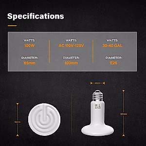 YSSOA 100W Ceramic Heat Emitter, Reptile Heat Bulbs, Ceramic Heat Lamp for Reptiles, Amphibian, Chicken, Dog, Cat, 2 Pack, White