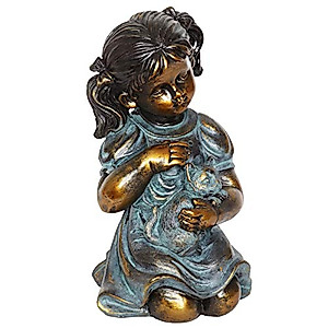 Exhart Garden Sculpture, Faux Bronze Girl and Cat Garden Statue, Outdoor Garden Decoration, 6 x 10.5 Inch