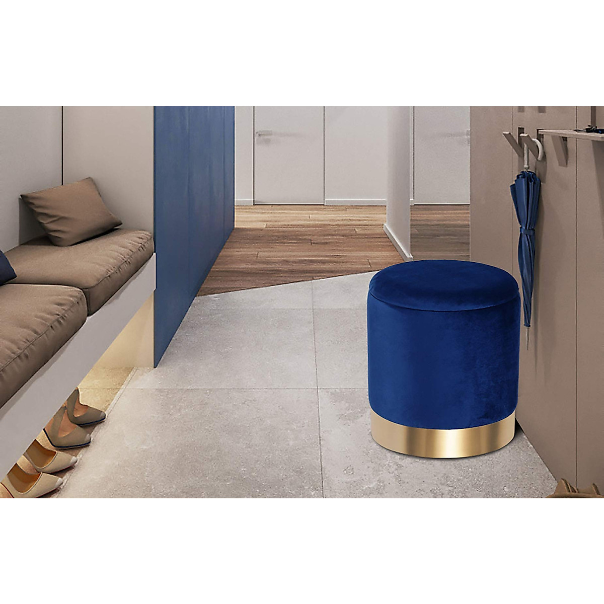 DEERUN Round Velvet Storage Ottoman Foot Rest Stool/Upholstered Footstool with Gold Plating Base,Pack of 2 (Blue)