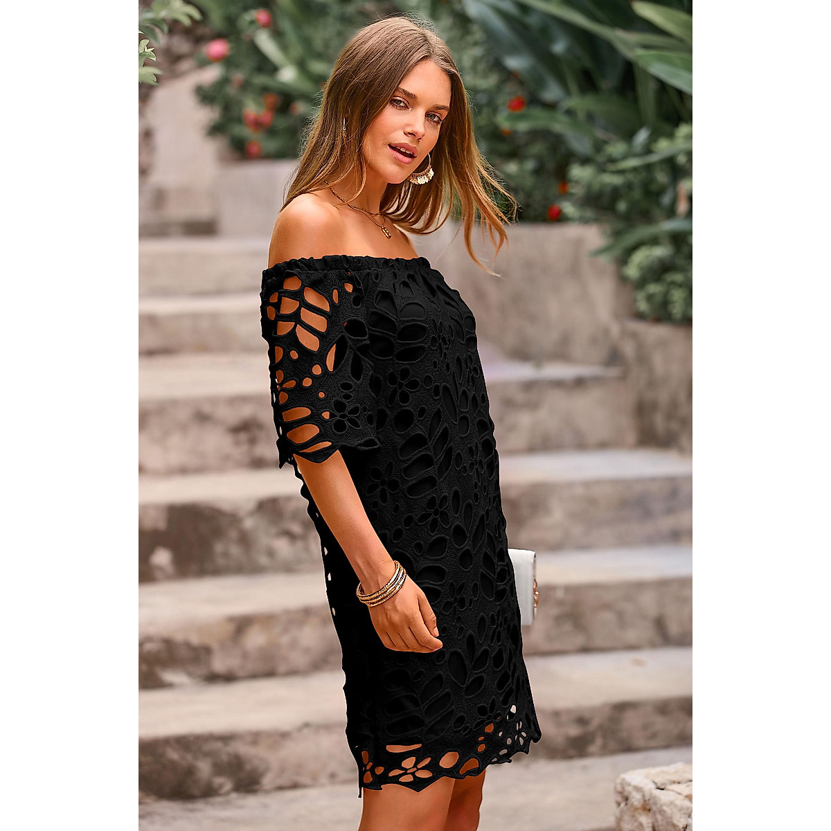 PRETTYGARDEN Women's Summer Off Shoulder Vintage Floral Lace Flare Short Sleeve Loose Elegant Mini Dress (Black,Medium)