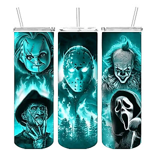 Stainless Steel Tumbler Double Wall with Lid Straw 20oz Glow in the Dark GLowing Horror Movie characters