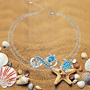 Turtle Anklet Blue Opal Sea Turtle Ankle Bracelets for Women Sterling Silver Infinity Wave Ocean Beach Summer Foot Bracelet Jewelry Layered Adjustable