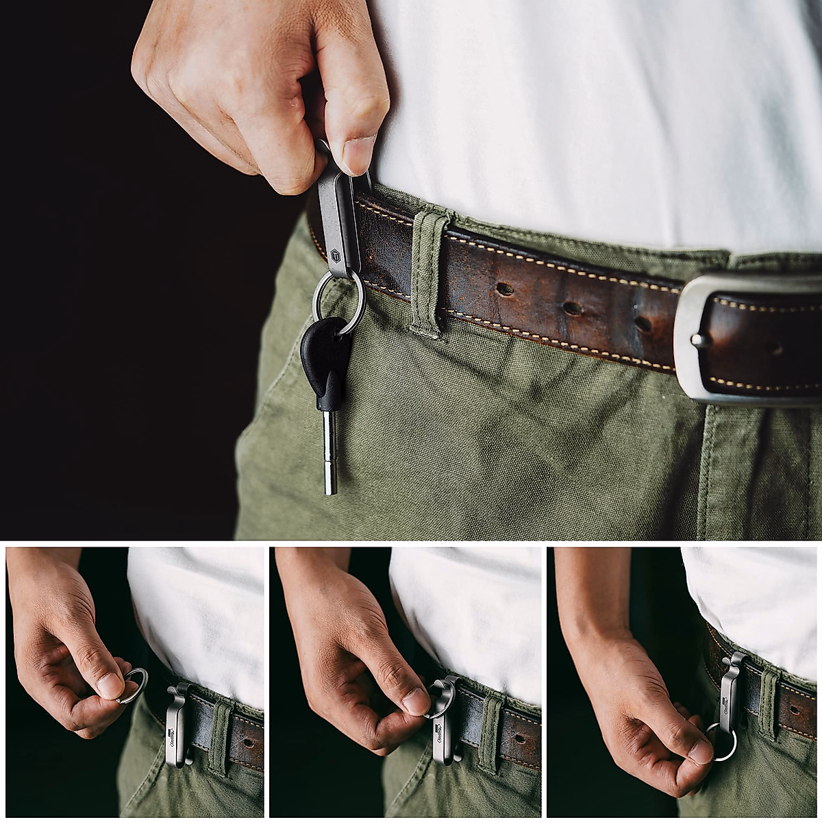 KeyUnity KM00 Titanium Belt Loop Keychain Clip Double Side Quick Release Key Holder with Detachable Key Ring (Stonewashed)