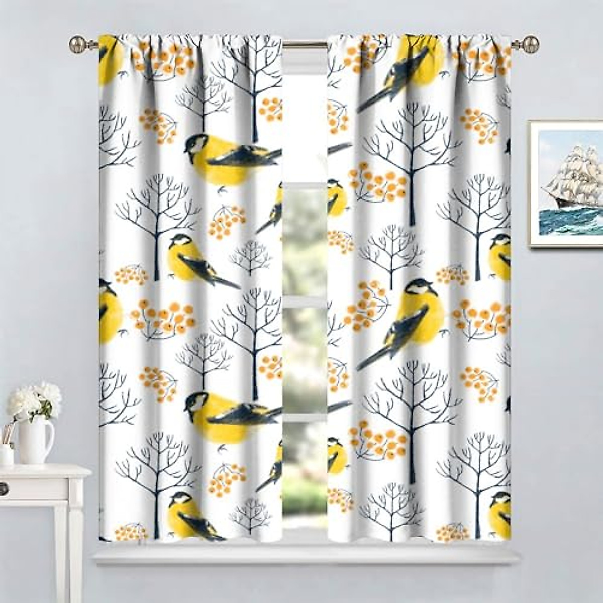 Birds Window Curtains for Bedroom Winter Pattern with Birds on The Tree Bedroom Rod Pocket Light Filtering Drape Curtain for Kids Room W42 x L63 Inch